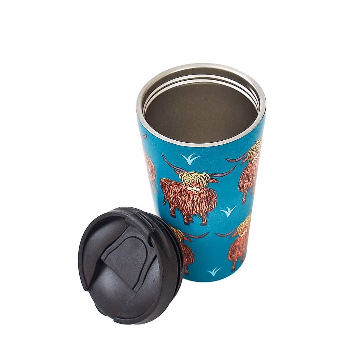 ECO CHIC Reusable Thermal Coffee Cup | Stainless Steel Insulated Travel Mug with Leakproof Lid | Eco-Friendly and Reusable for Hot & Cold Drinks (Teal Highland Cow, 380ml/13oz)