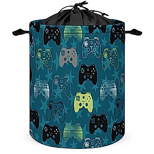 LynaRei Colorful Joystick Gamepad Laundry Basket with Handle, Gaming Cool Print Drawstring Round Collapsible Storage Bin, Dirty Clothes Hamper for Bedroom Bathroom