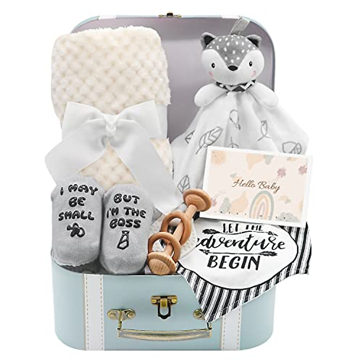 Fvntuey Baby Shower Gifts, Boy Gifts Basket Includes Newborn Blanket Lovey Security Wooden Rattle Toy, Funny Bibs Socks & Greeting Card - Gift Set for Boys