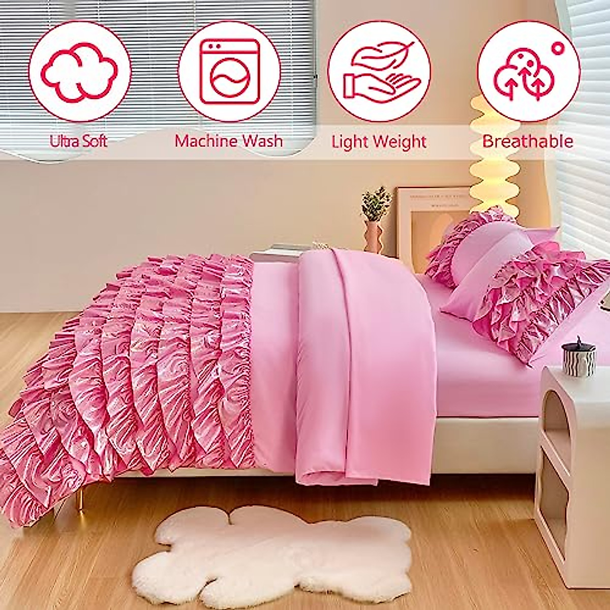 Tasselily Princess Ruffle Comforter Set Queen Szie, 5 Pcs Bed in a Bag Bling Shiny Sequin Ruffle Pink Bedding Set with Sheets for Girls/Woman