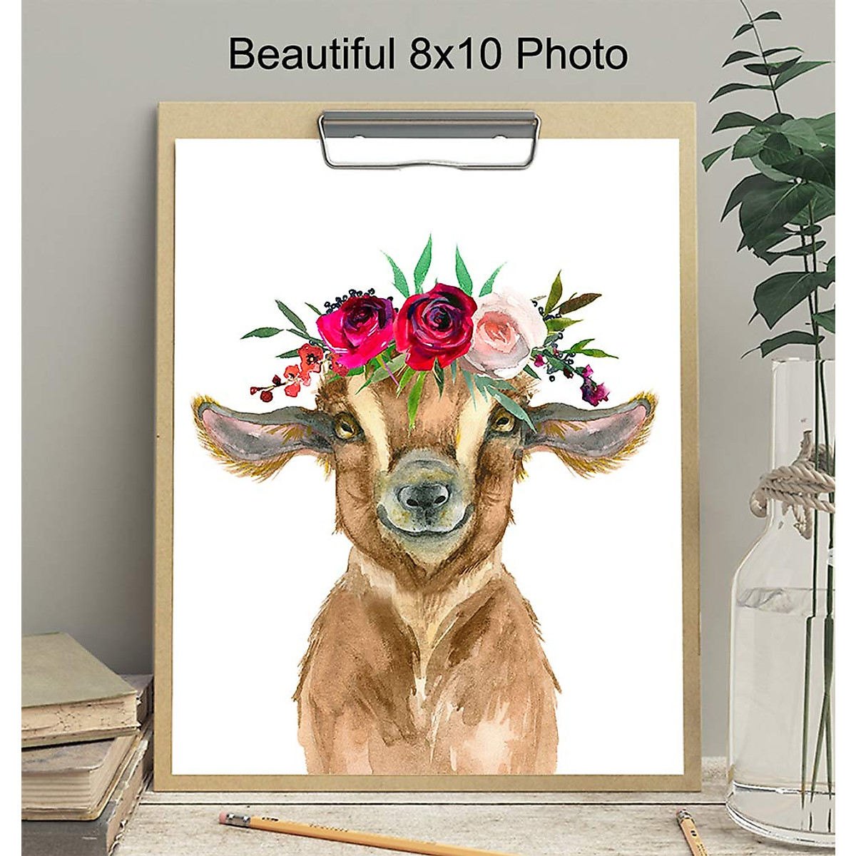 Cute Baby Goat w/Flower Crown Wall Art Home Decor - Decoration for Girls or Boys Bedroom, Nursery, Kids Room, Playroom, Preschool, Daycare - Farmhouse, Farm Theme Gift - Baby Animals Picture Print