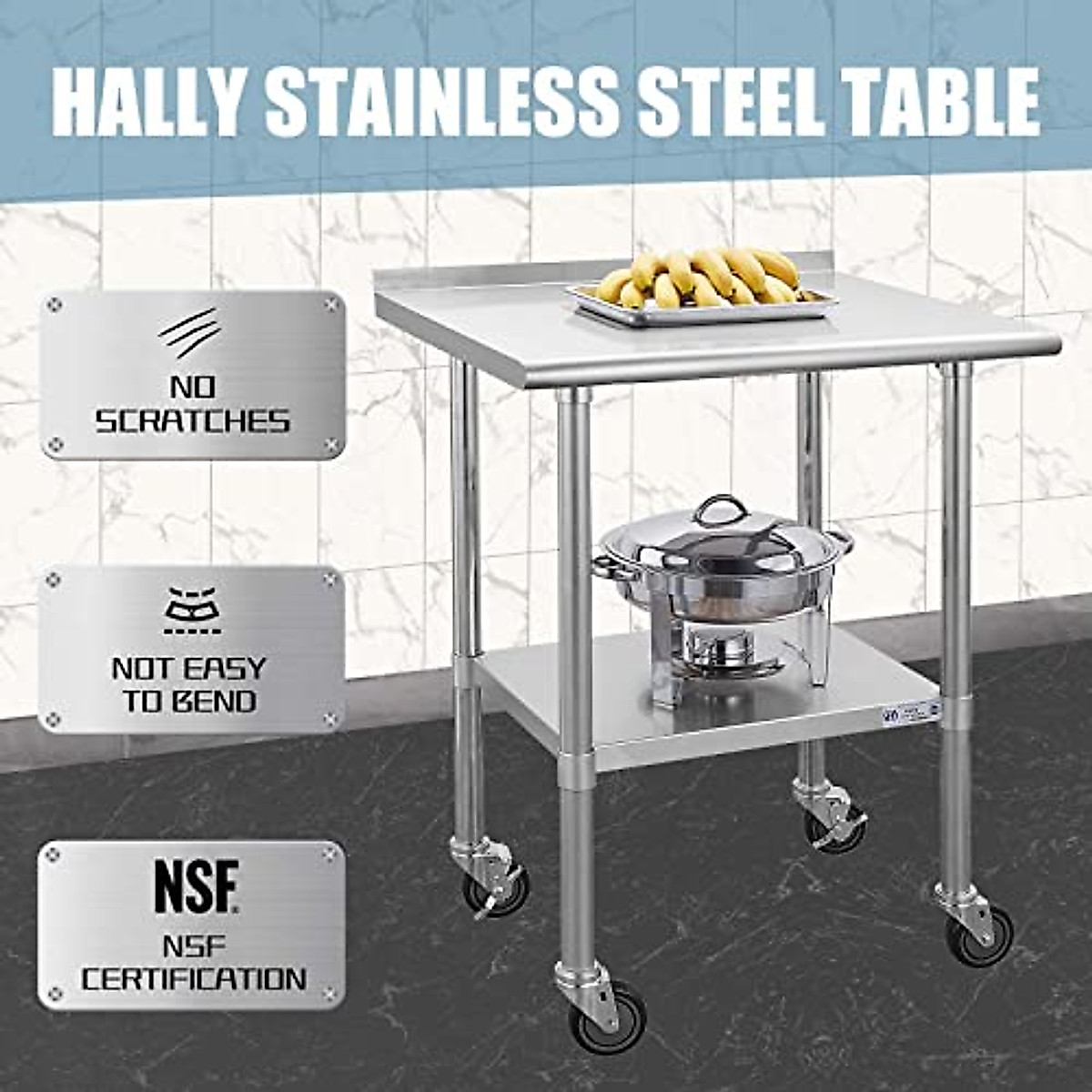 Hally Stainless Steel Table for Prep & Work 24 x 30 Inches with Caster Wheels, NSF Commercial Heavy Duty Table with Undershelf and Backsplash for Restaurant, Home and Hotel