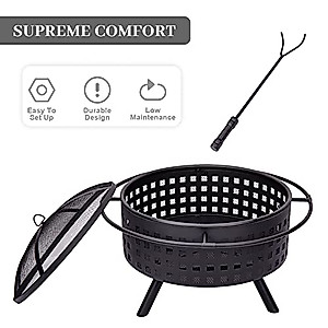 Vipush Fire Pit - 30in Black Crossweave Outdoor Fire Pit, Wood Burning Fire Pit with Spark Screen, Fireplace Poke, Cover - Fire Pit for Outside, Patio, Garden, Backyard, Decking
