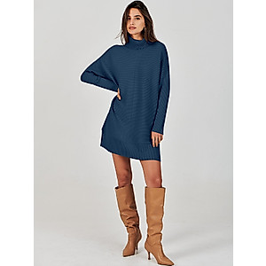 ANRABESS Women's Oversized Turtleneck Sweater Dress Pullover Batwing Sleeve Split Hem Tunics Fall Casual Short Dresses Dark Blue