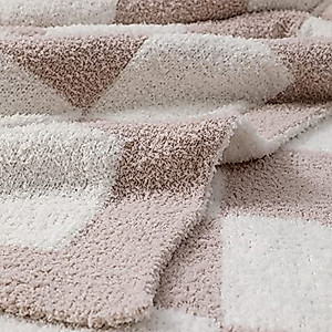 bearberry Fuzzy Checkerboard Grid Throw Blanket Knitted Soft Cozy Warm Microfiber Blanket Decor for Couch Sofa Bed Travel Home (Cream, 50''x60'')