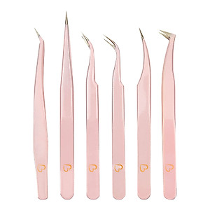 Okuna Outpost 6-Piece Precision Tweezer Set for Eyelash Extensions with Storage Case (Light Pink)