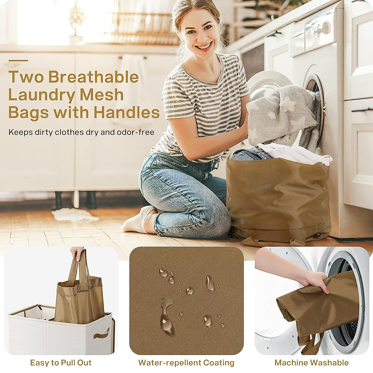 SOLEDI Double Laundry Hamper with Lid 34 Gal (130L) Water-resistant, High-tenacity Material Collapsible Laundry Basket with 2 Removable Liner Bags - Large laundry hamper 2 Section