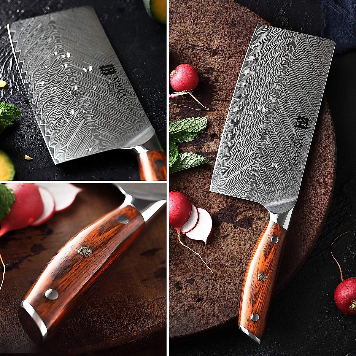 XINZUO Damascus Steel 7 Inch Cleaver Knife, Professional Butcher Knife Sharp Chinese Chef Knife Chopping Knife Kitchen Knife Vegetable, Ergonomic Rosewood Handle-Yi Series