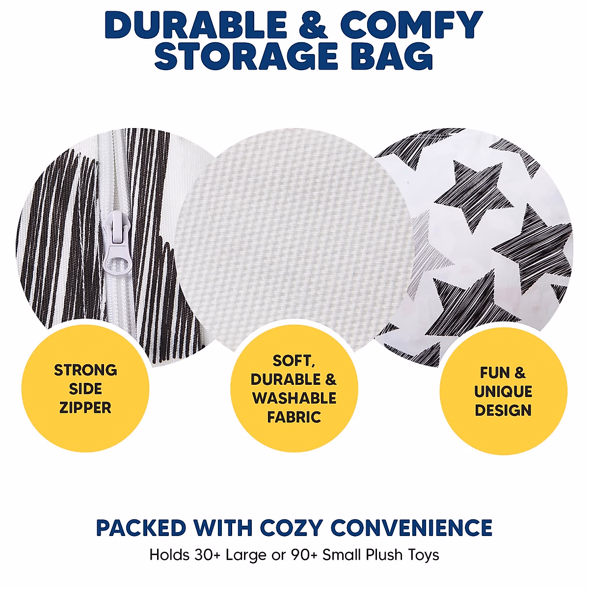 5 STARS UNITED Stuffed Animal Storage Bean Bag – Toy Storage Organizer and Bean Bag Chair for Kids Holds up to 90+ Plush Toys – Cotton Canvas Bags Cover for Boys and Girls Ages 4-11, Hatch Stars