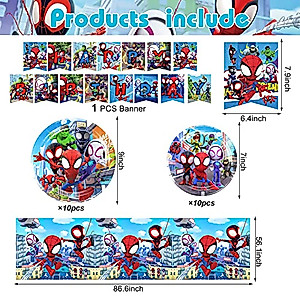 Spider and His Amazing Friends Birthday Party Supplies，Spider Theme Party Decorations With 20 Plates 10 Paper Towels 1 Tablecloth 1 Set of Banners and Cake Inserts， for Fans SPlDERMER Party Supplies
