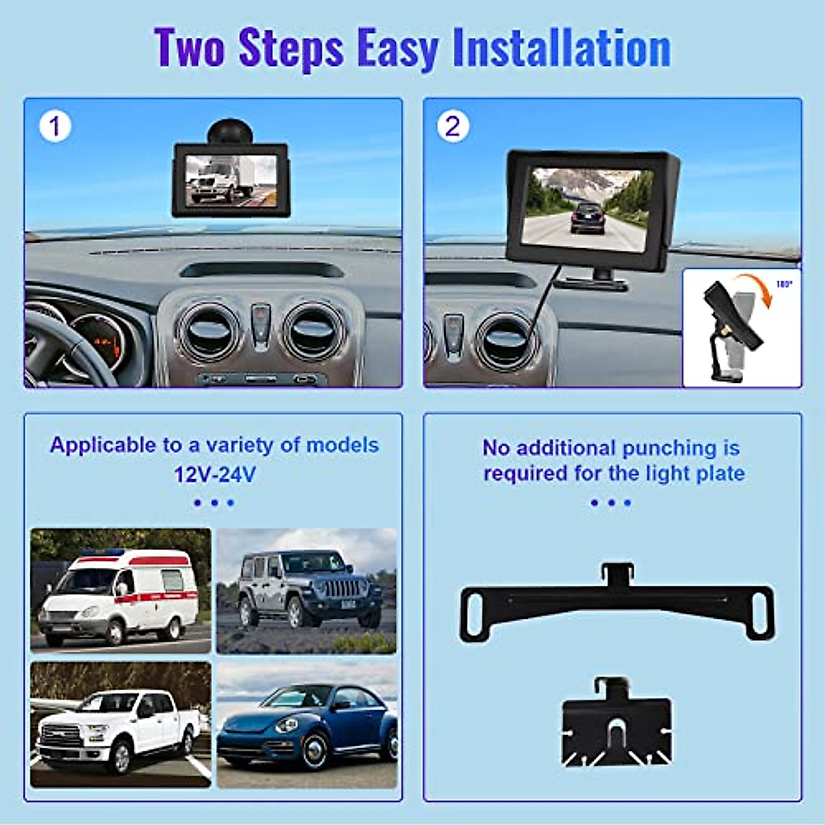 Wireless Backup Camera for Trucks Car Pickup Camper Van, 4.3 Inch IPS Monitor, HD 1080 Digital License Plate Rear View Camera Night Vision Waterproof Image Flip Grid Lines ON/Off