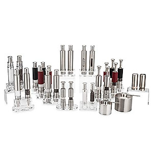 Grind Gourmet Salt and Pepper Grinder Set, Original Pump & Grind Peppermill are Refillable, Modern Thumb Press Grinder, Comes with Black Pepper, Sea Salt and Stand, Works With Himalayan Salts