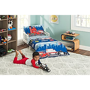 EVERYDAY KIDS 4 Piece Toddler Bedding Set -Fire and Police Rescue- Includes Comforter, Flat Sheet, Fitted Sheet and Reversible Pillowcase