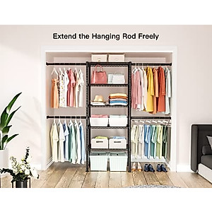 Ulif M2 Closet Organizer System, 5.9 Feet Height Mounted to the Wall Garment Rack with 4 Expandable Hanger Rods, 5 Shelves in 23.6" L x 14.5" W, Suit Total Space from 5.8-8.8 ft, Black