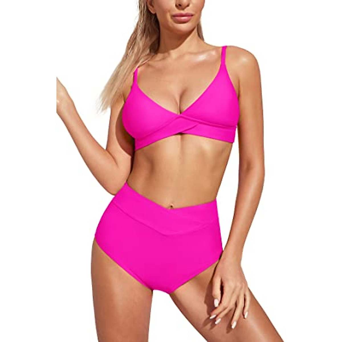 Ewedoos High Waisted Bikini Sets for Women V Neck Two Piece Swimsuit for Women Bathing Suit for Women 2 Piece Bikini Hot Pink