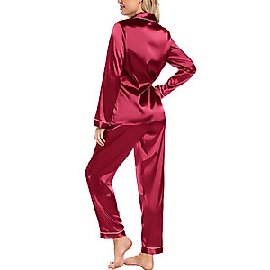 Women's Silk Satin Pajama Button Down Long Sleeve and Pants Set Sleepwear Loungewear Wine Red M