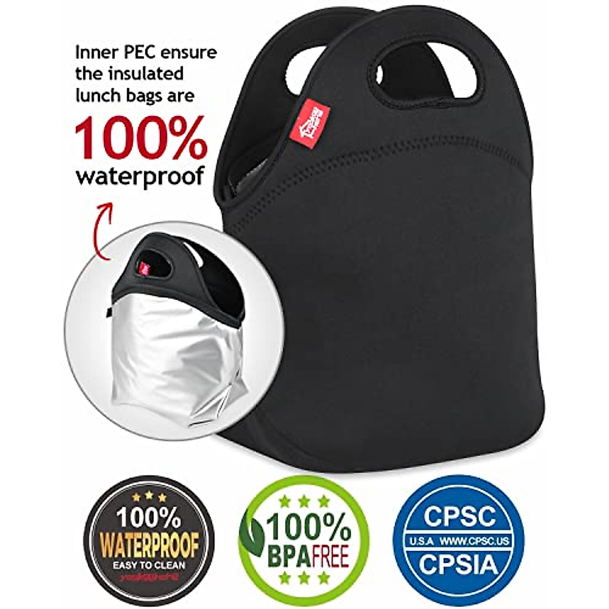 yookee home Waterproof Lunch Bag Double Layer Leakproof Neoprene Insulated Lunch Bag Freezable Black Reusable Thermal Lunch Cooler Tote Lunch Box for Boys Men Women Adult Kids for Work Outdoor