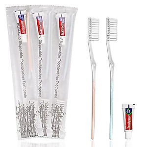 HQSLsund 30 Pack Disposable Toothbrushes with Toothpaste, Individually Wrapped Disposable Toothbrushes Bulk Toothbrushes Medium Soft Bristle Tooth Brush Manual Disposable Travel Toothbrush Kit Bulk