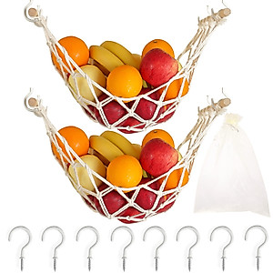 Evbopa Hanging Fruit Hammock for Kitchen Under Cabinet Macrame Fruit Basket for Bananas Fruit Storage with Hooks for Kitchen Décor