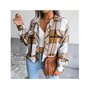 Womens Casual Plaid Shacket Long Sleeve Wool Blend Button Down Shirt Jacket Tops(Khaki,M)