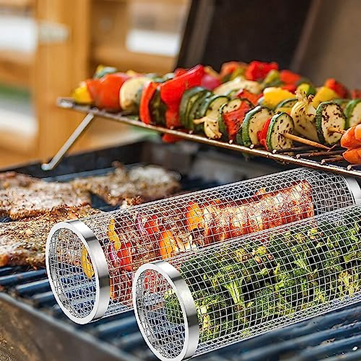Yunsuelo BBQ Net Tube - Rolling Grilling Basket, Greatest Grilling Basket Ever, Stainless Steel Wire Mesh Cylinder Grill Basket, Portable Outdoor Camping Non-Stick Barbecue (7.87in 2pack)
