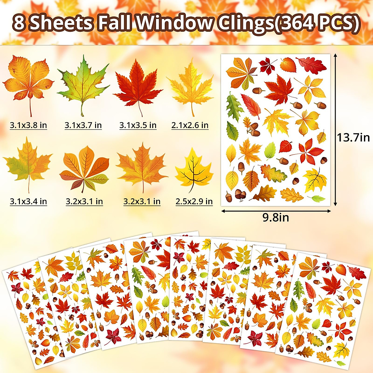 364 PCS Fall Window Clings, Double Sided Autumn Window Clings for Glass Windows,Window Clings Stickers for Thanksgiving Halloween Seasonal Holiday,Fall Decorations for Home Fall Decor (8 Large Sheets)