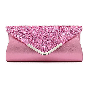 Elegant Faux Leather PU & Glitter Women Evening Purses Party Dinner Clutch Handbags (Pink)