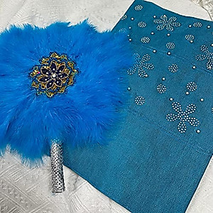 Msbfea Sky Blue Feather Fan with ASO Oke Headtie Matching for Ladies Wedding Party Nigerian Style Fan Design African - ASO Fan Color 238