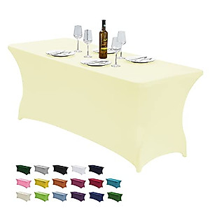 CWK 6FT Stretch Spandex Table Cover for Rectangular Fitted Folding Tables, Wrinkle Resistant, Elastic Stretchable Patio Tablecloth Protector for Party, Banquet, Wedding and Events (Beige)