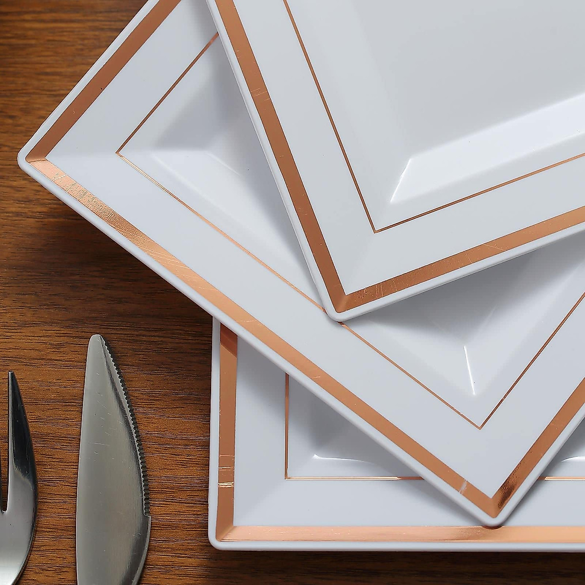 Tableclothsfactory 20 Pack 7" White Disposable Plates Square Plastic Plates Salad Dessert Plates With Shiny Rose Gold Rim For Weddings