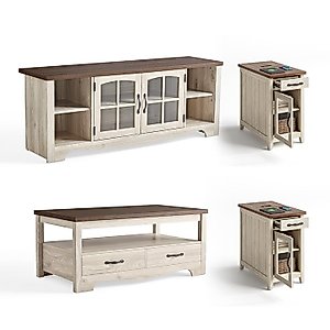LINSY HOME Living Room Table Sets 4 Piece with TV Stand, Farmhouse TV Stand for 65 Inch TV, Coffee Table with Drawers, Two End Table with Charging Station, Washed Gray