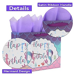 13" Large Purple Gift Bag Set with Greeting Card and Lavender Tissue Papers (Mermaid Design) for Girls' Birthday Party, Women's Birthday Parties, Baby Shower, Baby Girl - 13”x5.2”x10.2”, 1 Pcs.