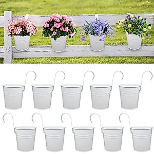 4 Inch Metal Iron Hanging Flower Plant Pots,10 Pack Colorful Balcony Garden Planters with Hanging Fence Plant Planter with Detachable Hook (White)