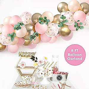 Sweet Baby Co. Baby Shower Decorations for Girl with Pink Balloon Arch Garland Kit, Baby Girl Banner Decor, Eucalyptus Boho Greenery Vine, Light Pink, Peach Blush, Gold, Confetti Balloons