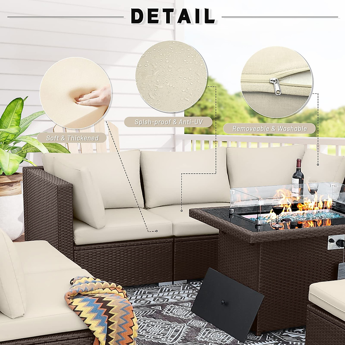 BULEXYARD High Back Brown PE Rattan Outdoor Patio Furniture Set with Propane Fire Pit Table, Large Wicker Outside Sectional Furniture Sofa Conversation Sets for Backyard(Beige, 7Pcs-A)