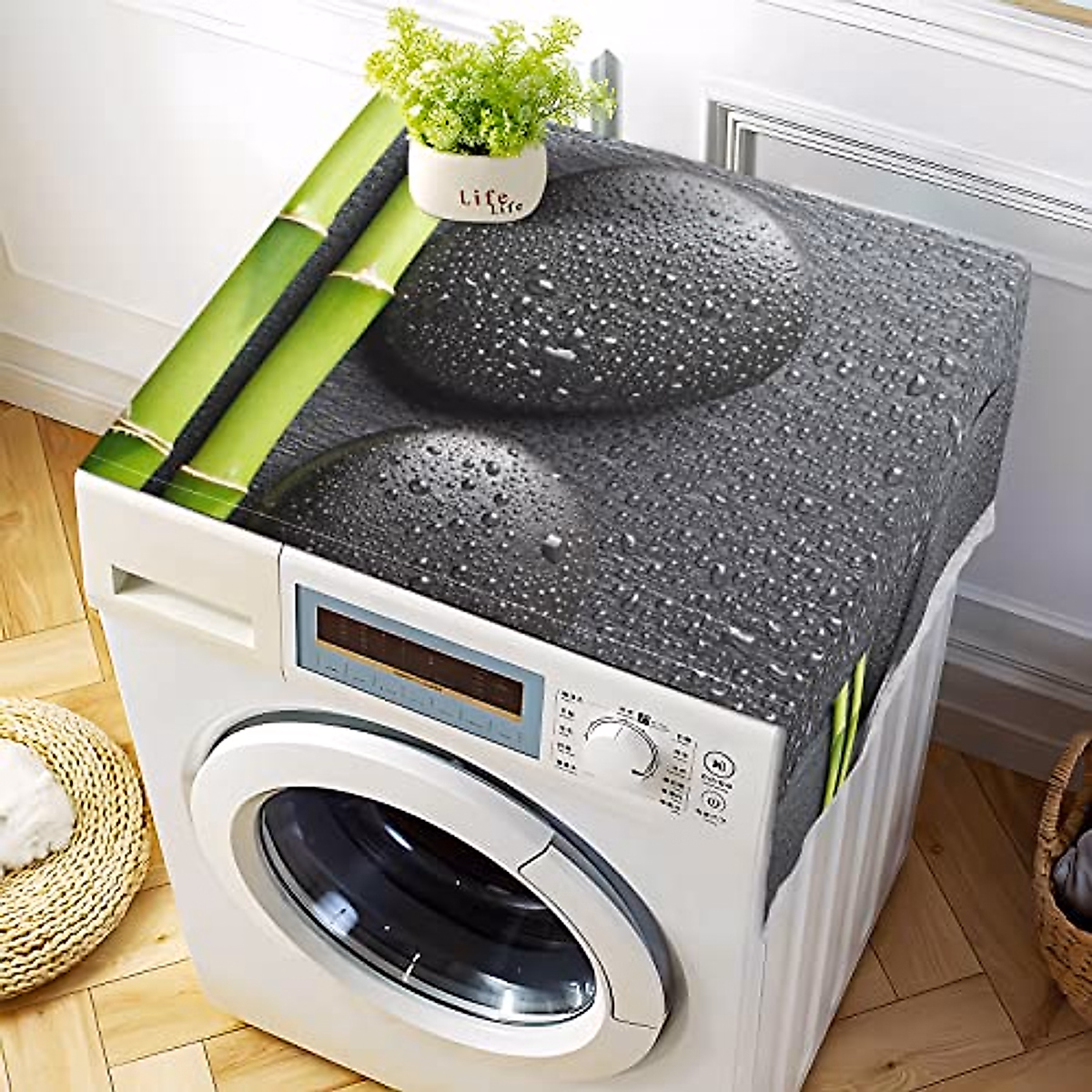 Poeticcity Black Zen Basalt Stones with Dew Green Bamboo on Dark 1 PC Washing Machine Cloth Dustproof Cover with Storage Bags Lace, Fridge Oven Dryer Top Dust Oil Proof Cover 51" x 22" for Home