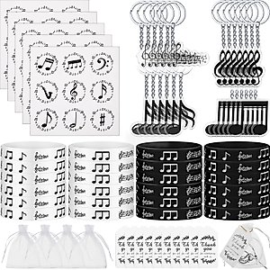 187 Pieces Music Party Favors with Music Notes Silicone Bracelets, Metal Musical Note Keychains, Round Label Stickers, Thank You Tags and Sheer Organza Bags for Music Theme Party Supplies Decorations