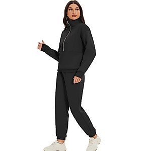 COZYPOIN Women Fleece 2 Piece Outfit Half Zip Sweatshirt and Joggers Sweatpants Y2K Set Tracksuit(Black-M)