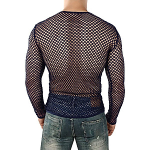 VOWUA Men's Mesh See Through Fishnet Shirts Muscle Pullover Long Sleeves Crew Neck Casual Clubwear Blouse Navy