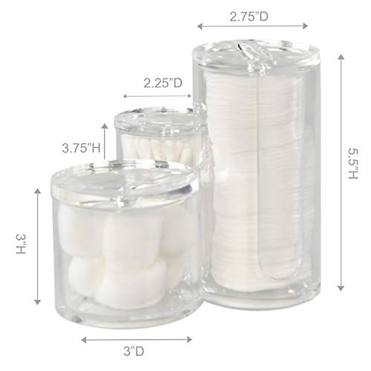 Home-X Bathroom Organizer Jars, 3 in 1 Acrylic Storage Containers with Lids, Vanity Decor, Cotton Rounds and Swabs Organizer, 5 ½” H x 2 ¾” D, 3" H x 3" D, 3 ¾” H x 2 ¼” D