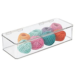 mDesign Long Plastic Craft Room Stackable Storage Organizer Box Containers with Hinged Lid for Thread, Beads, Ribbon, Glitter, Clay, Sewing, Crochet, Fabric, Stamps, and Scissors, 2 Pack - Clear