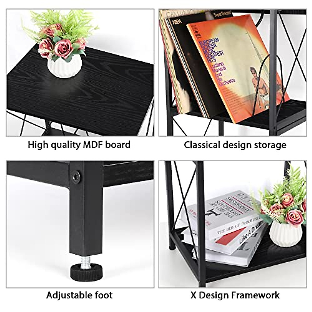 YBING Record Player Stand Record Player Table with Charging Station 3-Tier End Table with Storage Vinyl Record Storage Stand with Divider Nightstand for Living Room Bedroom Office, Black