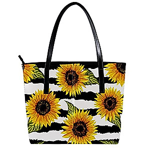 Women’s Leather Tote Bag, Aesthetic Sunflower Black Stripe Large Heavy Duty Shoulder Bag Travel Work School Handbag