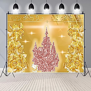 5x4Ft Cartoon Princess Castle Backdrops Rose Gold Pink Glitter Royal Castle Birthday Party Backdrop Decoration Cake Table Banner Photo Booth Props Girls Princess Party Decor Supplies