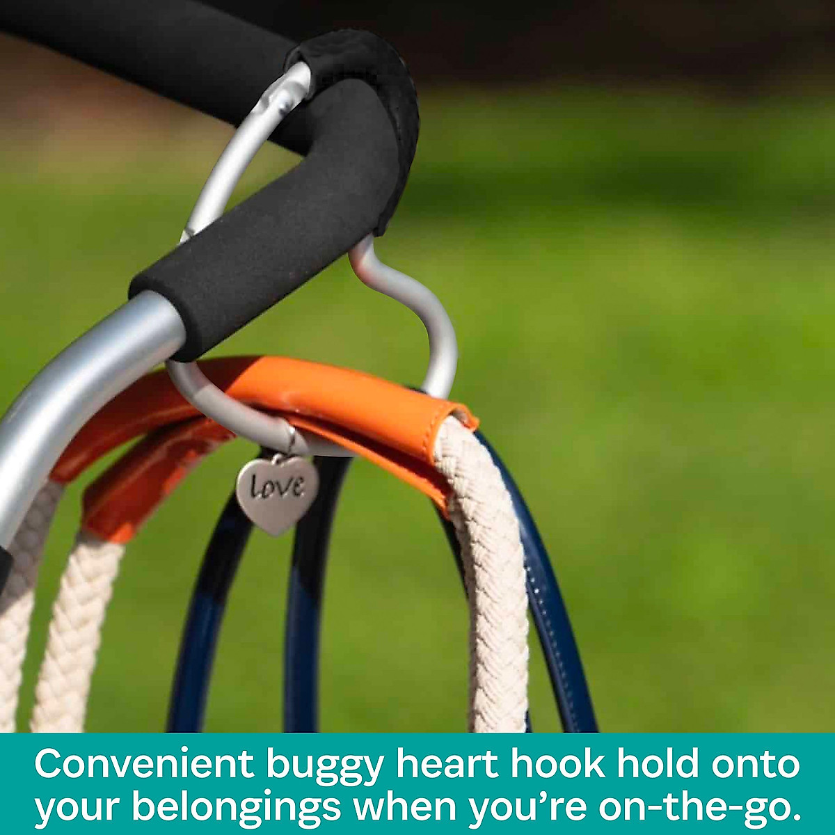 BUGGY HEART HOOK by BUGGYGEAR - The Perfect Way to Carry Your Baby Diaper Bag - Use The Hook on Your Stroller Handle Bars and Let The Hooks Do The Work - Hook Your Bags, Purse and Bottles