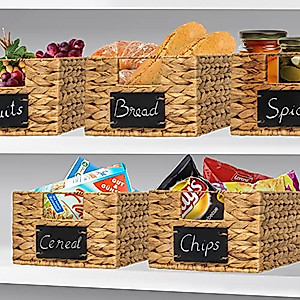 BARIEN 6 Pcs 12" x 9" x 6" Natural Water Hyacinth Storage Baskets, Rectangular Wicker Basket with Built-in Handles, Woven Cube Storage Bin with Chalkboard Label Chalk Marker (Natural - Set of 6)