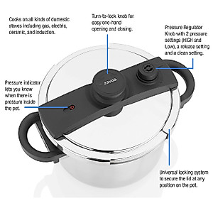 Zavor EZLock Stove Top Pressure Cooker 10 Quart - Canning Ready, Stainless Steel, Multi Pressure Levels, Easy Locking, Induction Ready, 4 Jar Canning Capacity, Digital Cookbook & Steamer Basket