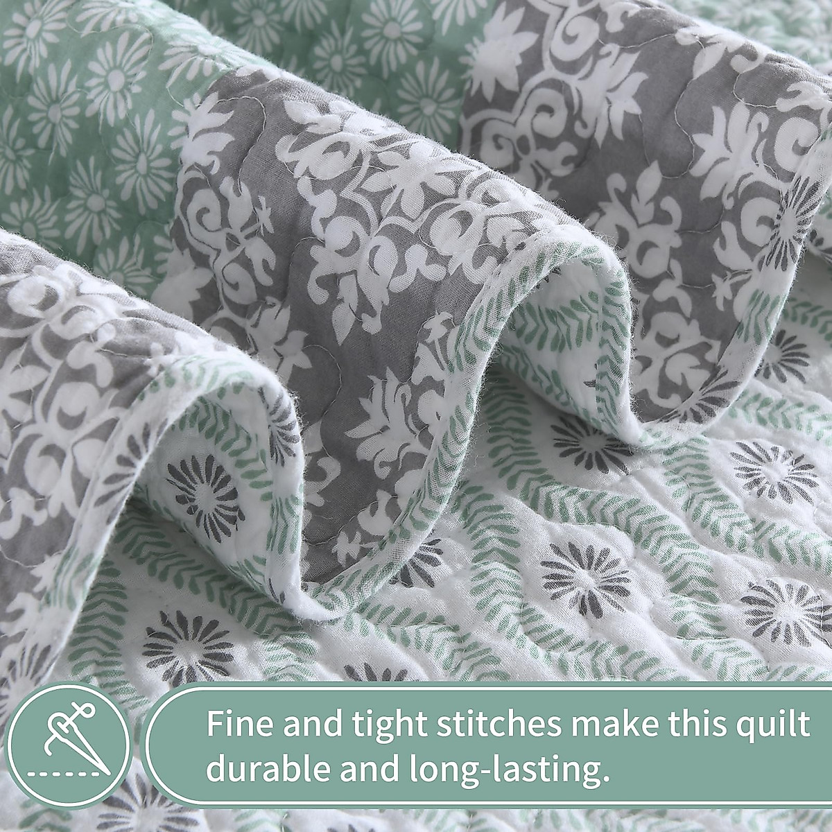 KALOOLA Sage Green King Size Quilt, 100% Cotton Soft Lightweight Quilted Bedding Set, Farmhouse Reversible Bedspread with 2 Pillowshams, Printed Floral Coverlet for All Season, 3 Pieces