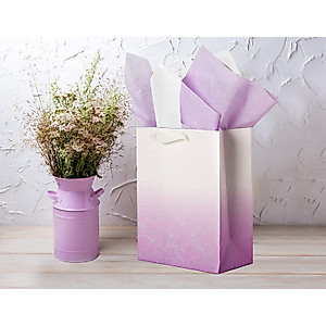 UNIQOOO 12Pcs Ombre Purple Gift Bags Bulk w/ 24 Tissue Paper, 9 x 7 x 4 In, Gradient Pastel Glitter Paper Gift Wrap Bag, Recyclable Gift Packaging for Wedding Birthday Mother's Day Baby Shower Party Favor Décor