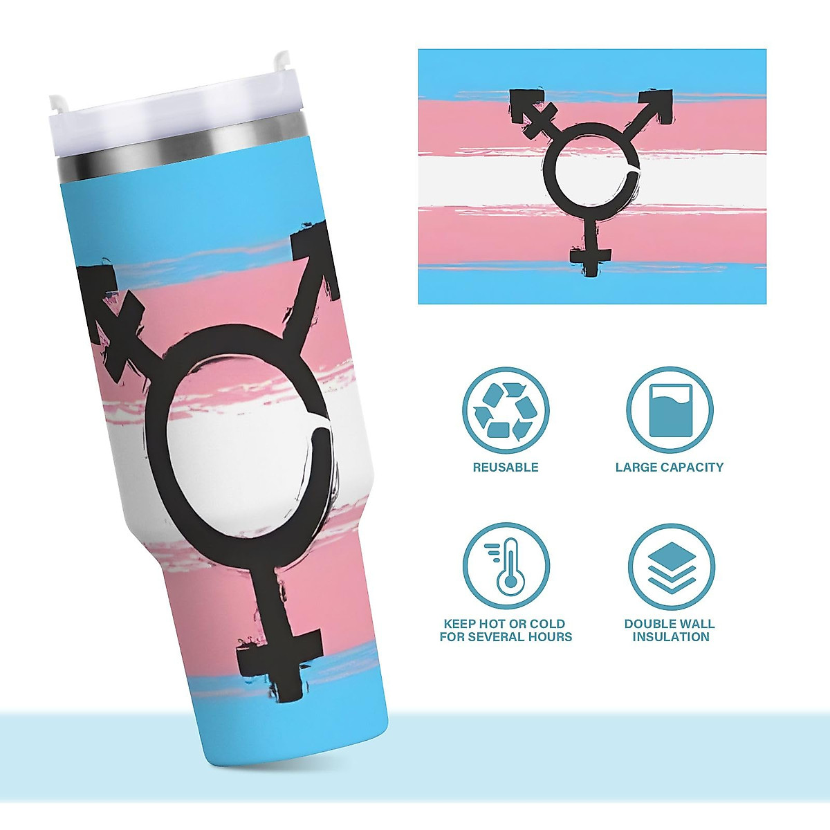 Transgender Transsexual Pride Steel Insulated Tumbler with Lid and Straw for Water, Insulated Tumbler Cup 40 OZ / 1.18 L